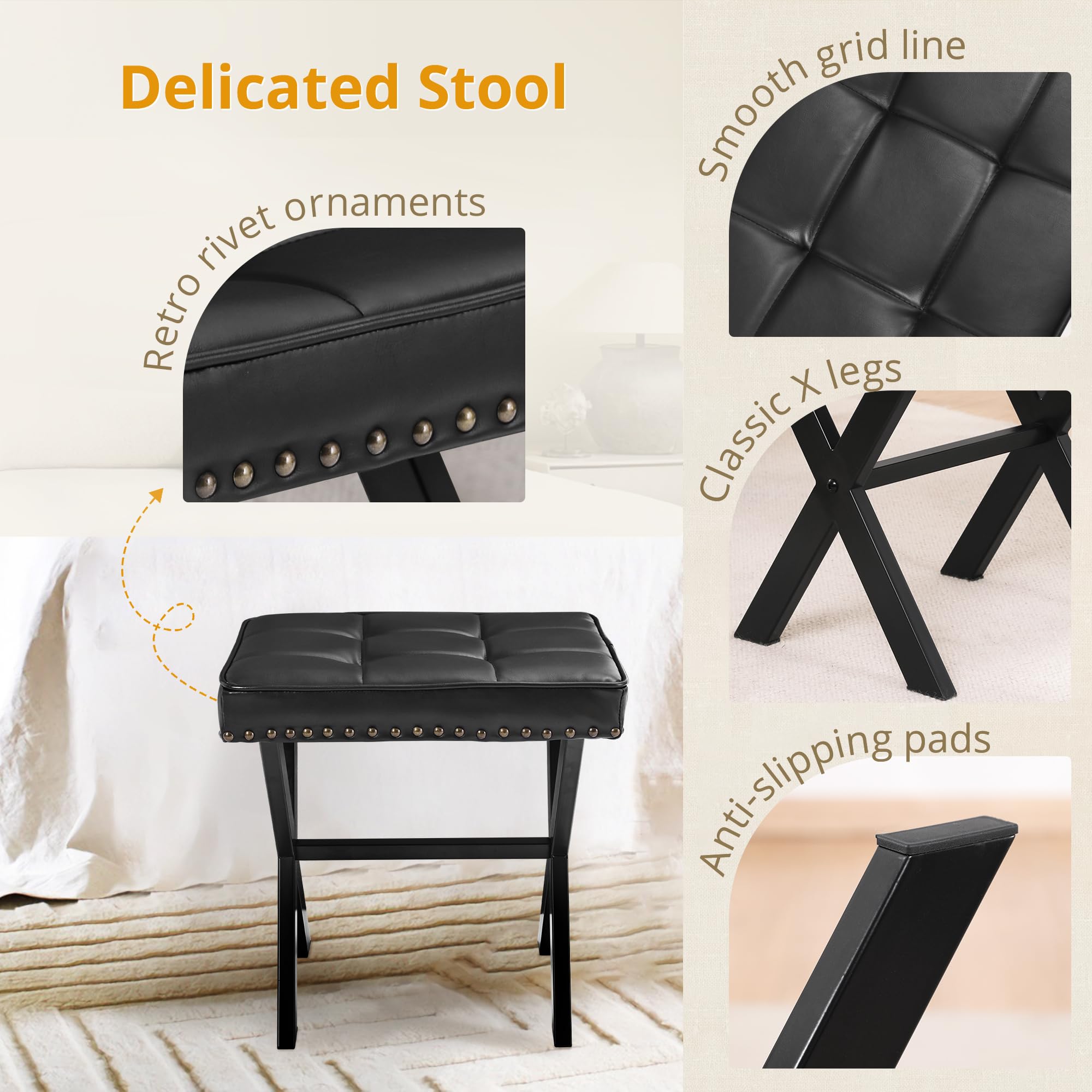 LUE BONA Vanity Stool, Square Faux Leather Makeup Stool with Metal X Legs, Small Ottoman Stool Chair for Vanity, Modern Padded Vanity Seat Foot Rest Stool for Makeup Room, Living Room, Black