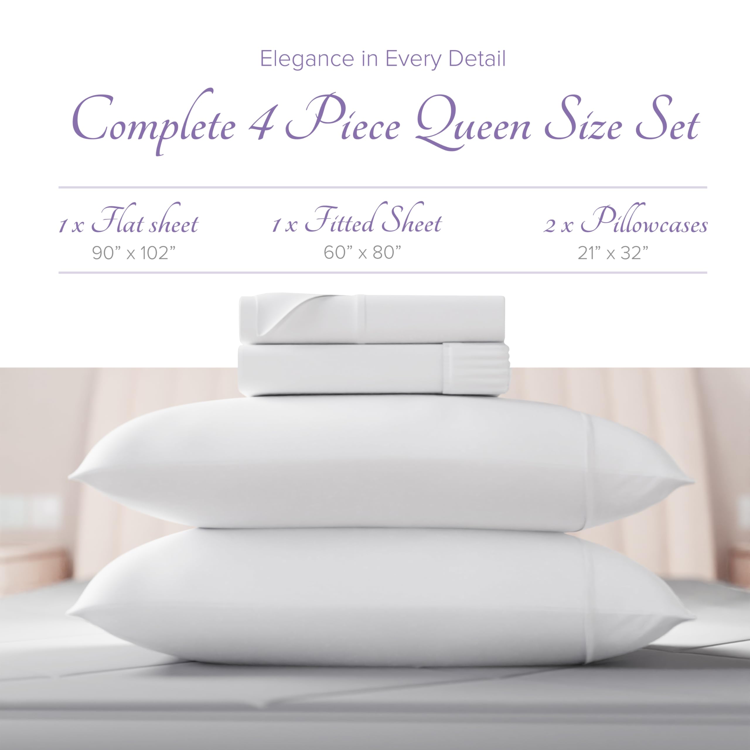 Carressa Linen Luxury Egyptian Cotton 4 PC Queen Size Sheet Set - 600 Thread Count Deep Pocket Fitted and Flat Sheets, Soft, Cooling Extra Long Staple Hotel-Quality Bedding with Sateen Weave - White