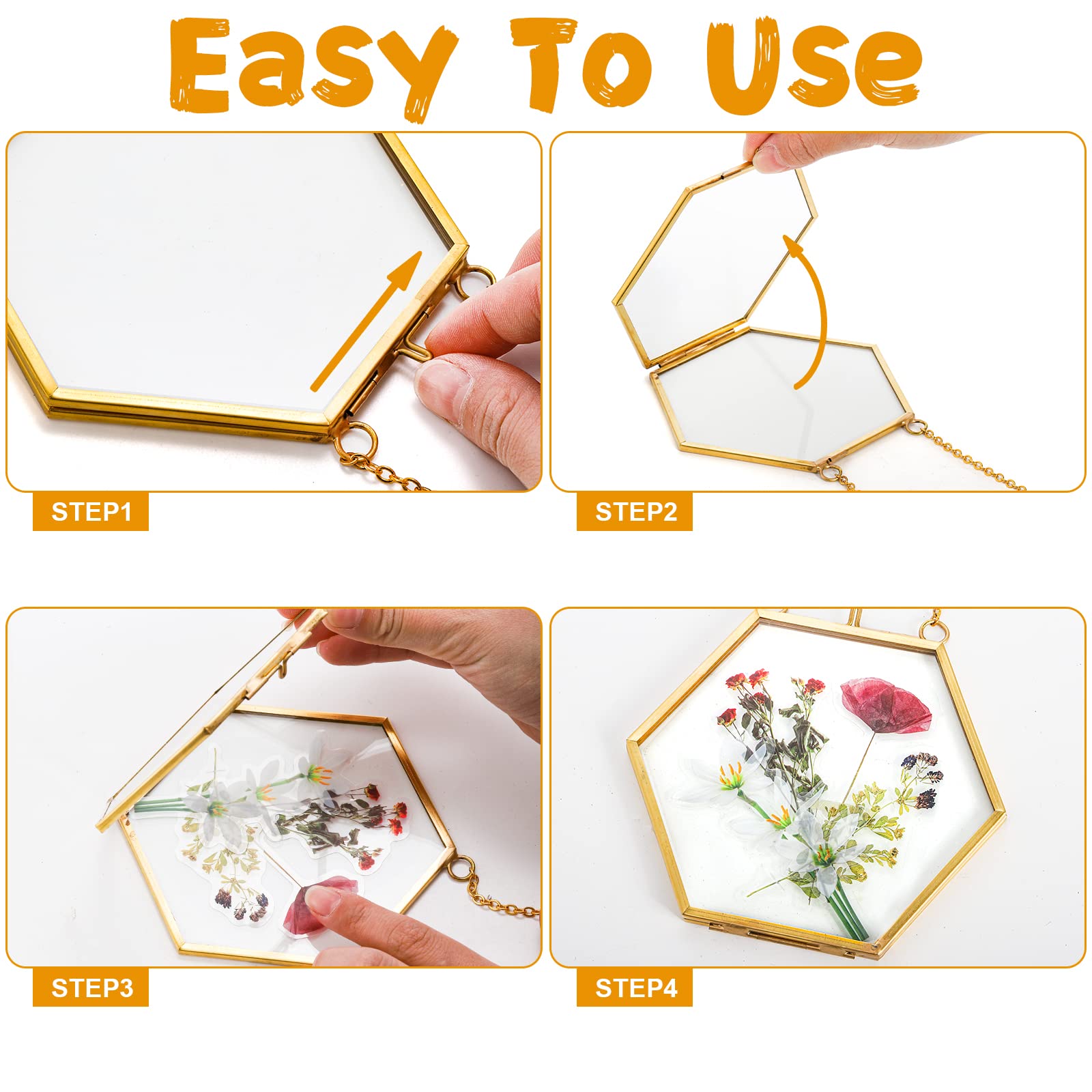 AVLA 3 Pack Pressed Flowers Glass Frames, Brass Hanging Picture Frames with Chain, Small Golden Floating Photo Frame, Clear DIY Artwork Display Frame for Wall Decor, Dried Plant Specimen