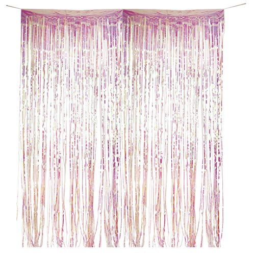 Andaz Press Iridescent Holographic Foil Fringe Party Door Curtain Backdrop, 2-Pack, 6-Feet Total Width x 8-Feet Height, Shiny Metallic Iridescent Themed Decorations, Birthday, Baby Shower, Bachelorett