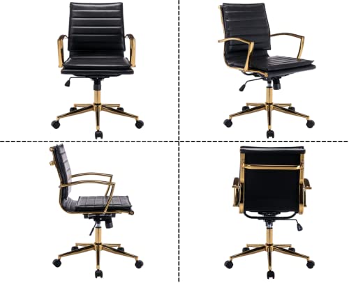 Shunzhi Leather Desk Chair with Armrest PU Leather Office Midback Adjustable Home Computer Executive Swivel Conference Task Managers Chair with Chrome Base, Black and Gold