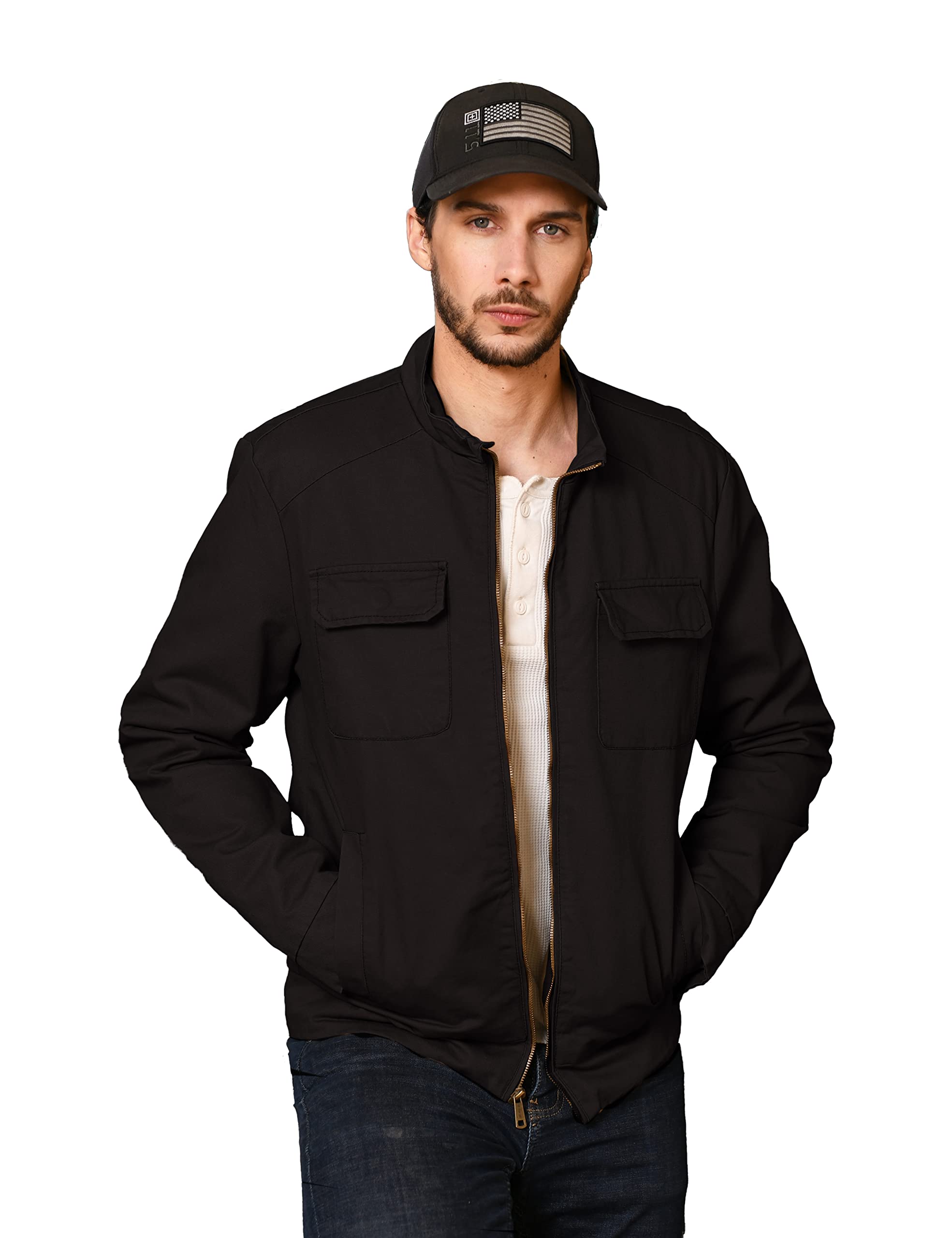 WenVen Men's Casual Lightweight Safari Jacket Cotton Windbreaker (Black, L)