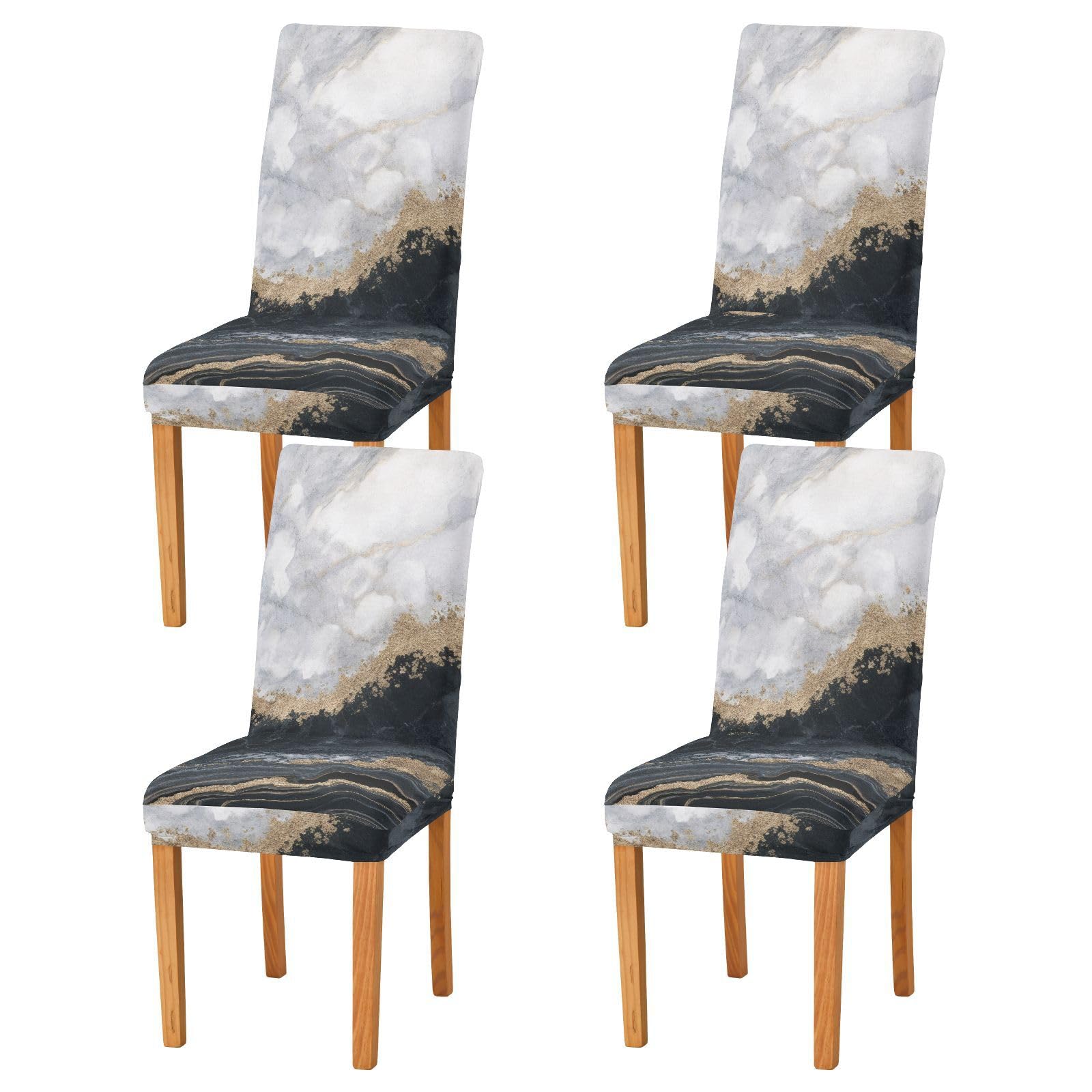xigua Universal Dining Chair Cover 4-Piece Set, Black White Gold Marble Removable Washable Dining Chair Slipcovers Protective Cover for Home Party Decor