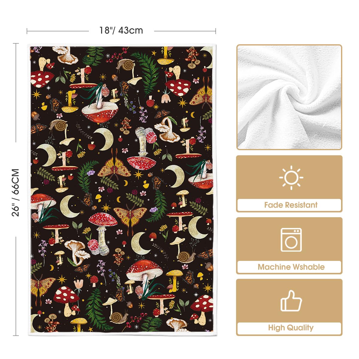 Artoid Mode Black Modern Mushroom Kitchen Towels Dish Towels, 18x26 Inch Cute Botanic Farmhouse Decoration Hand Towels Set of 2