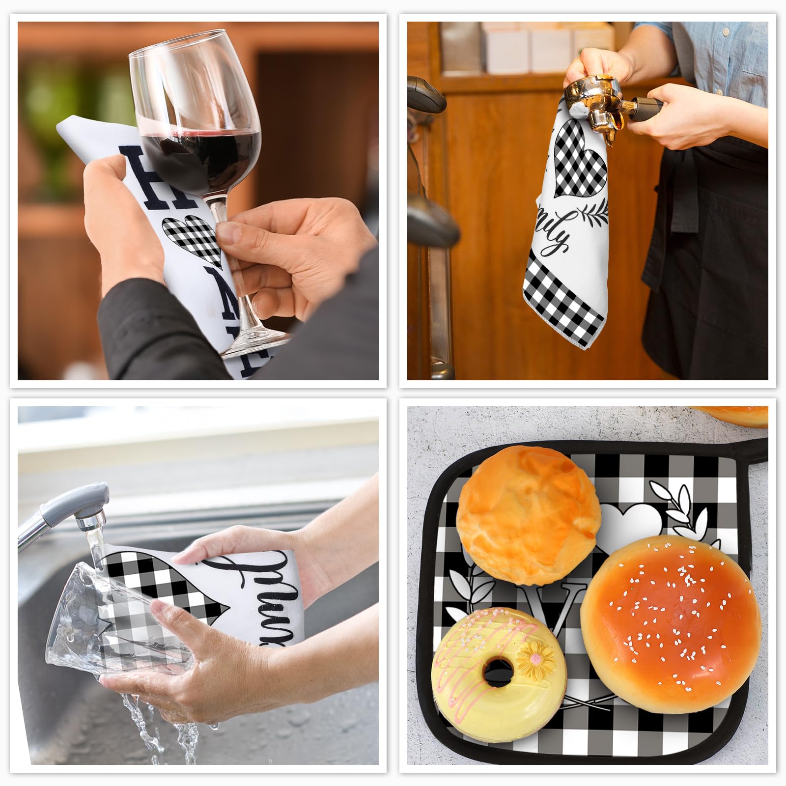 5 Pieces Buffalo Plaid Kitchen Towels Oven Mitts and Pot Holder Set Black and White Kitchen Towels Oven Gloves, Hot Pads Pot Holders for Farm House Accessories Decor(Heart)