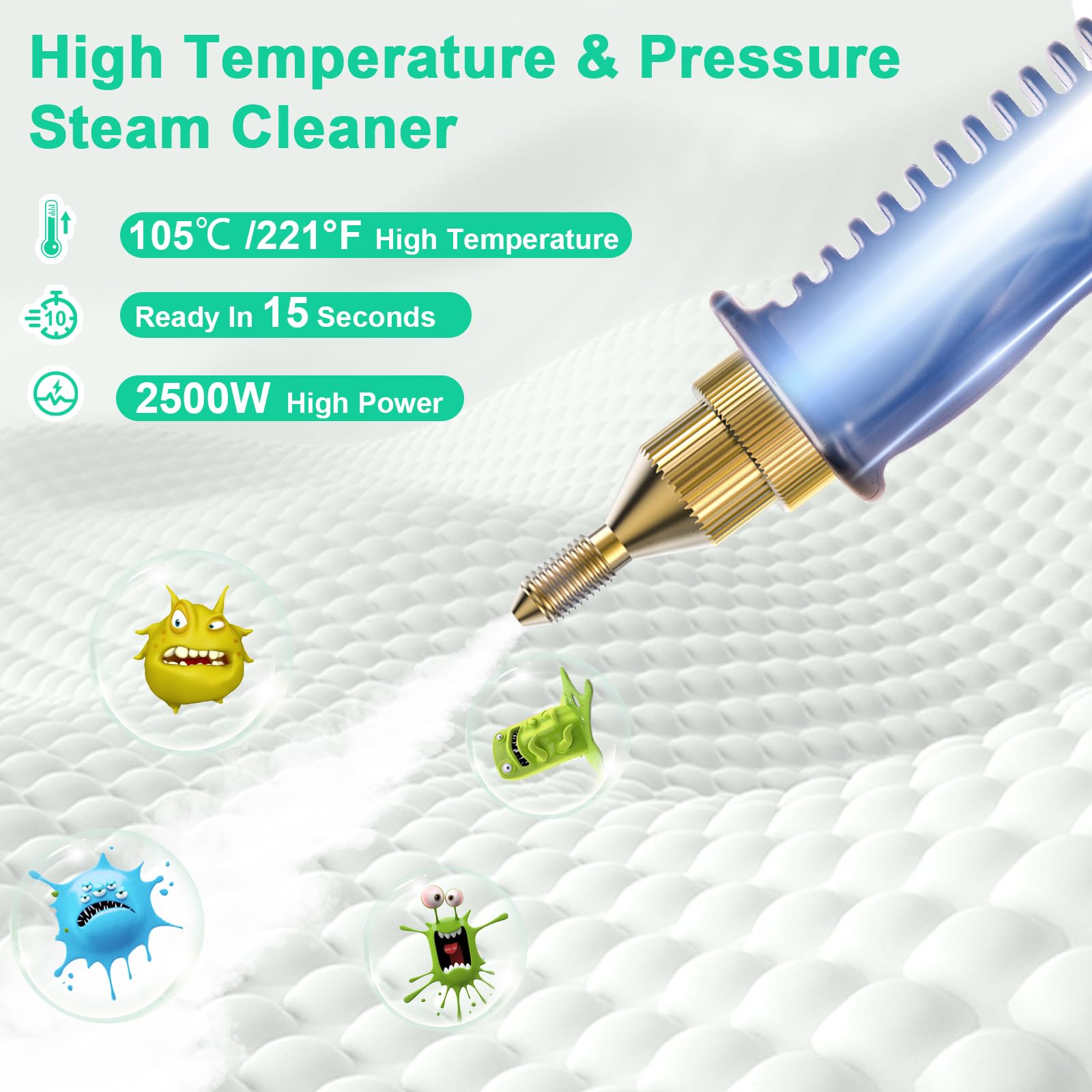 AUXCO Steam Cleaner, 1200ml High Pressure Steamer for Cleaning Handheld Steam Cleaner for Home,High-Temperature Steamer Cleaner for Car,Upholstery,Kitchen, Bathroom, Carpet,Grout and Tile(Mint)