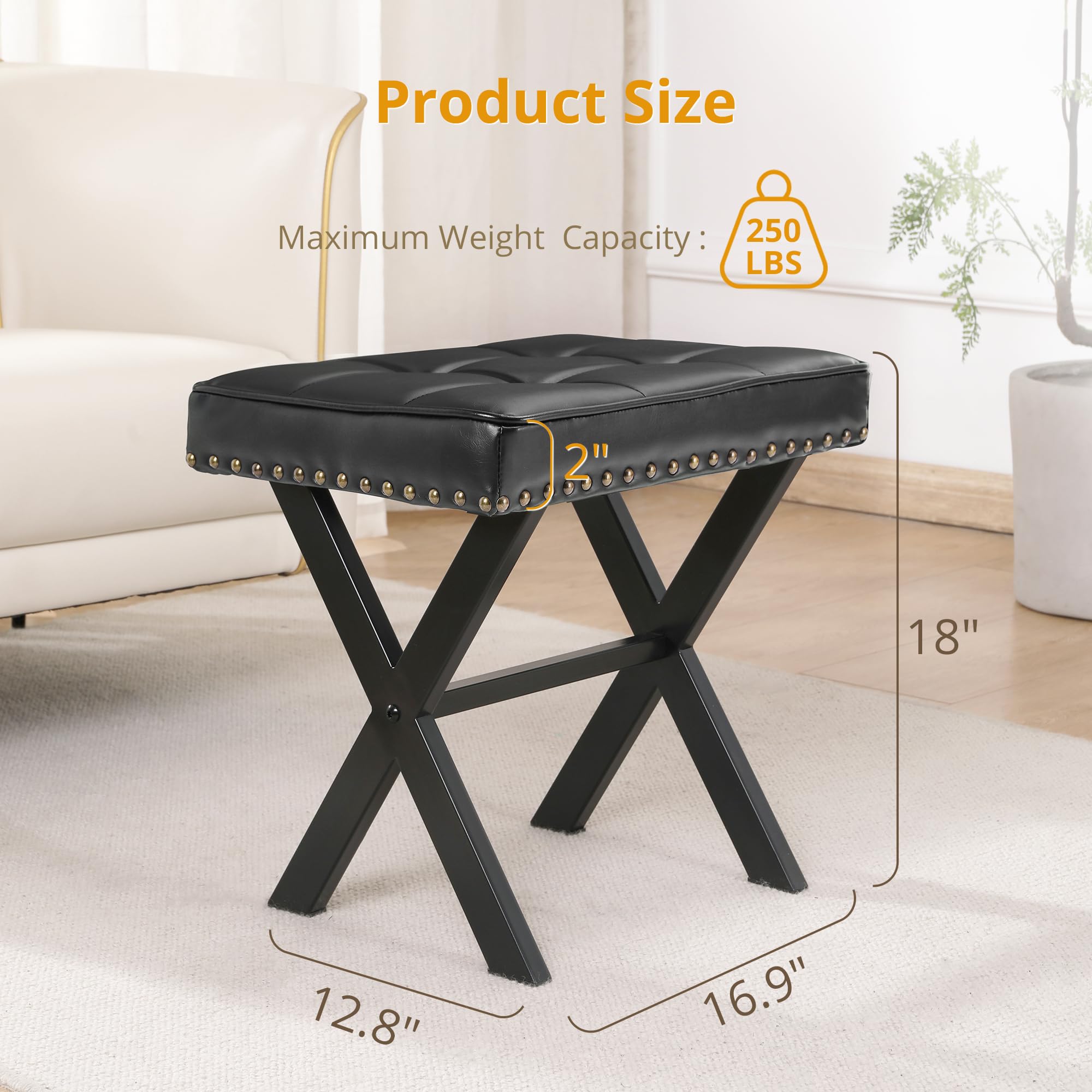 LUE BONA Vanity Stool, Square Faux Leather Makeup Stool with Metal X Legs, Small Ottoman Stool Chair for Vanity, Modern Padded Vanity Seat Foot Rest Stool for Makeup Room, Living Room, Black