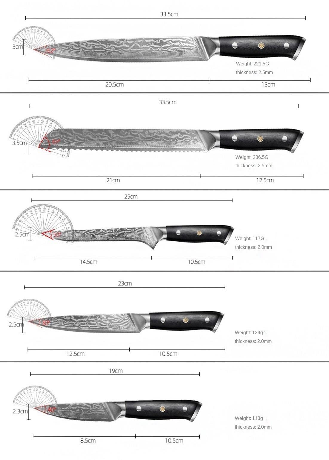 Knife Sets, 9PCS Damascus Steel G10 Chef's Knife Sande Knife Cleaver Bread Knife Cleaver Universal Fruit Knife