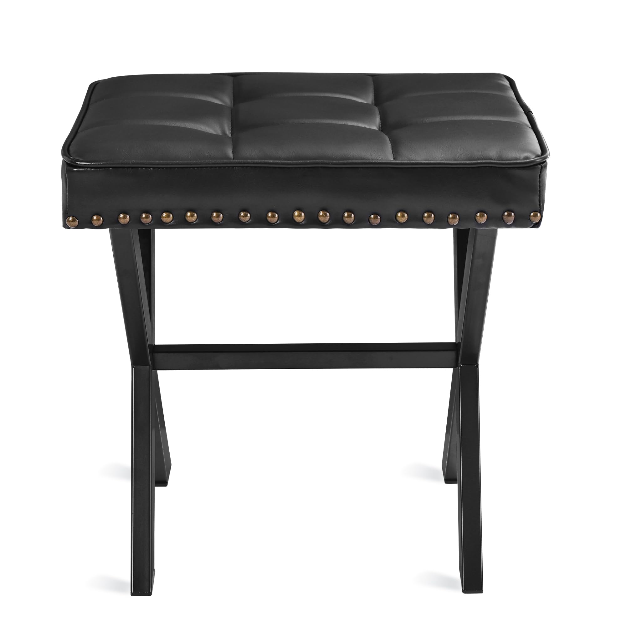 LUE BONA Vanity Stool, Square Faux Leather Makeup Stool with Metal X Legs, Small Ottoman Stool Chair for Vanity, Modern Padded Vanity Seat Foot Rest Stool for Makeup Room, Living Room, Black