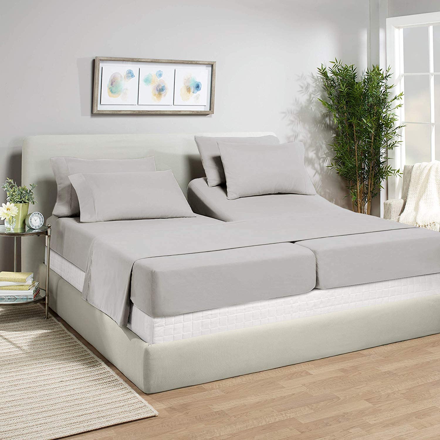 Cotton Bed Sheets 5 Piece Split Set 400 Thread Count 100% Extra Long Staple Luxurious & Hypoallergenic Bedding Hotel & Home Collection Deep Pocket 10-18 inches (Split King, Light Grey Solid)