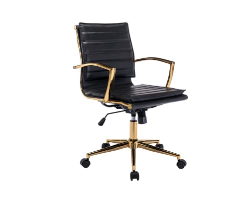 Shunzhi Leather Desk Chair with Armrest PU Leather Office Midback Adjustable Home Computer Executive Swivel Conference Task Managers Chair with Chrome Base, Black and Gold