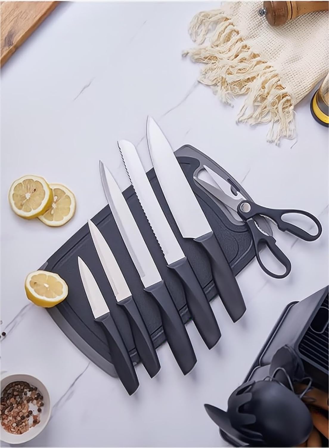 Black utensil set;19-Piece black Kitchen Utensils Set; black cutting boards for kitchen;Juego de Cucharones para Cocina! black knife set with block;black silicone cooking utensils set.