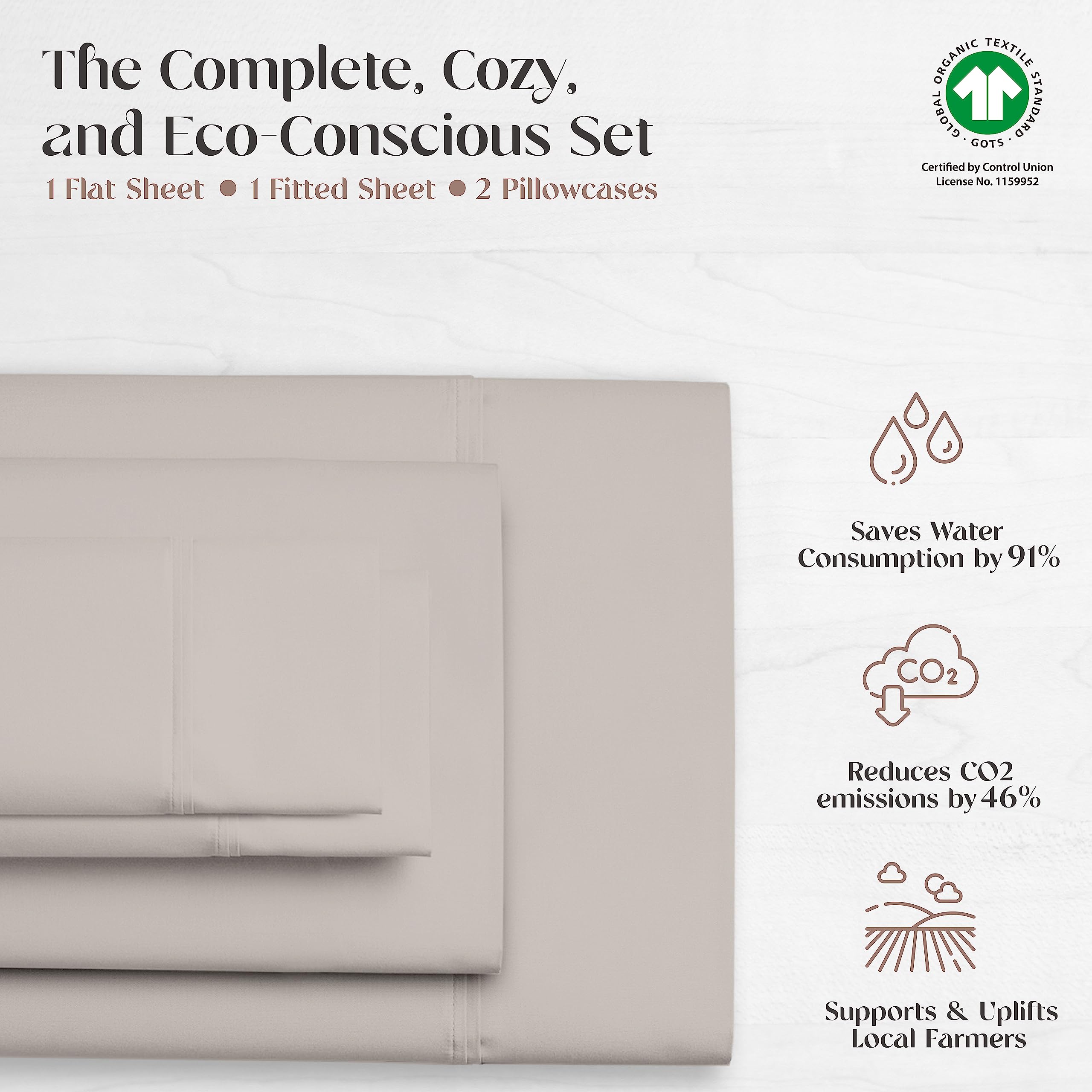 Carressa Linen 100% Organic Cotton Sheet Set King Size - 4 Piece Organic Sheets for King Bed, Soft, Crisp, Cooling Sateen Weave, Breathable Hotel Quality 16" Deep Pocket Bedsheet Set (Taupe)