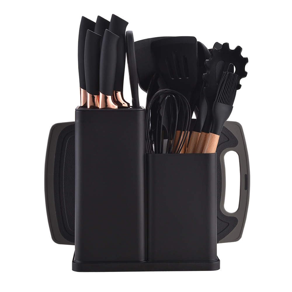 Black utensil set;19-Piece black Kitchen Utensils Set; black cutting boards for kitchen;Juego de Cucharones para Cocina! black knife set with block;black silicone cooking utensils set.