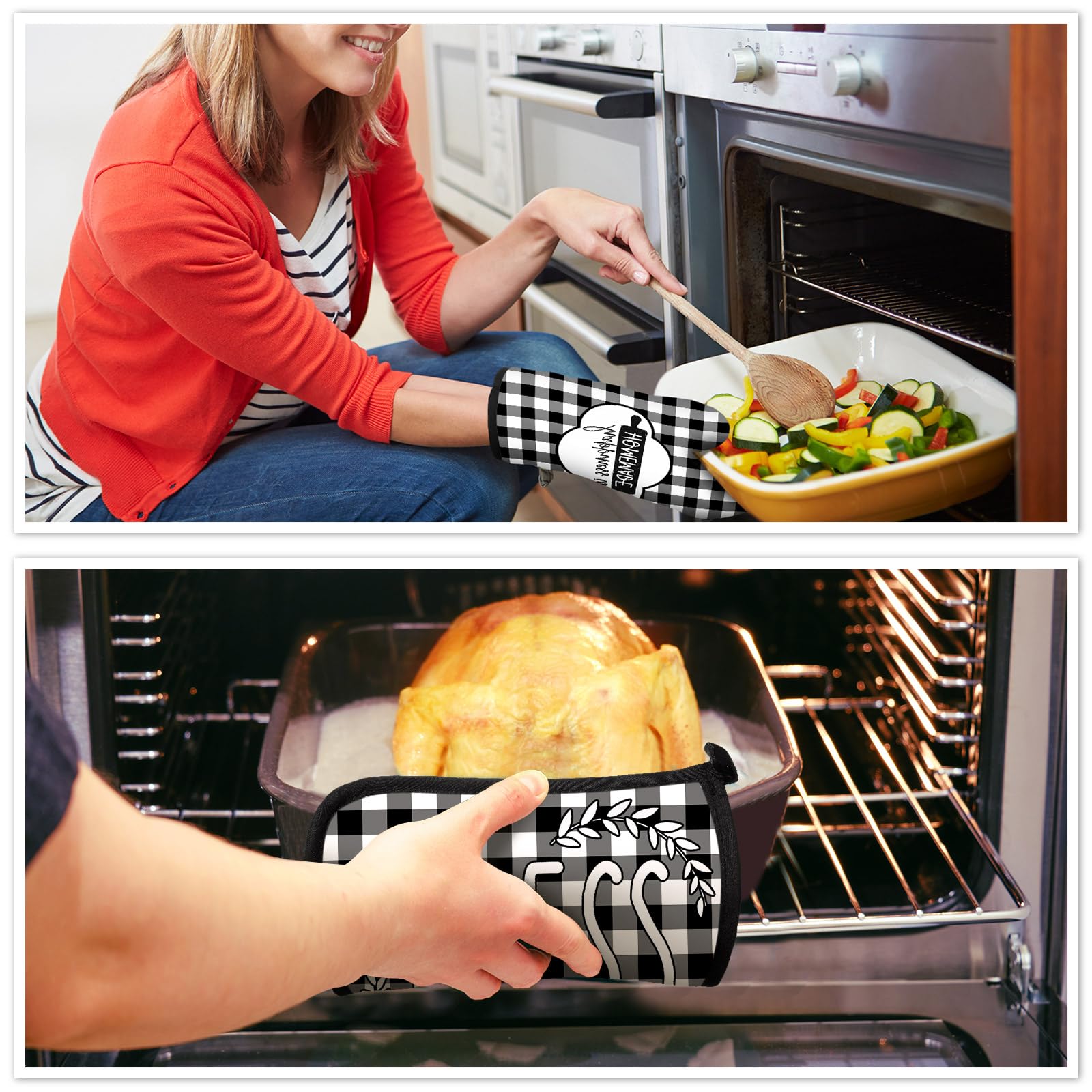 5 Pieces Buffalo Plaid Kitchen Towels Oven Mitts and Pot Holder Set Black and White Kitchen Towels Oven Gloves, Hot Pads Pot Holders for Farm House Accessories Decor(Heart)
