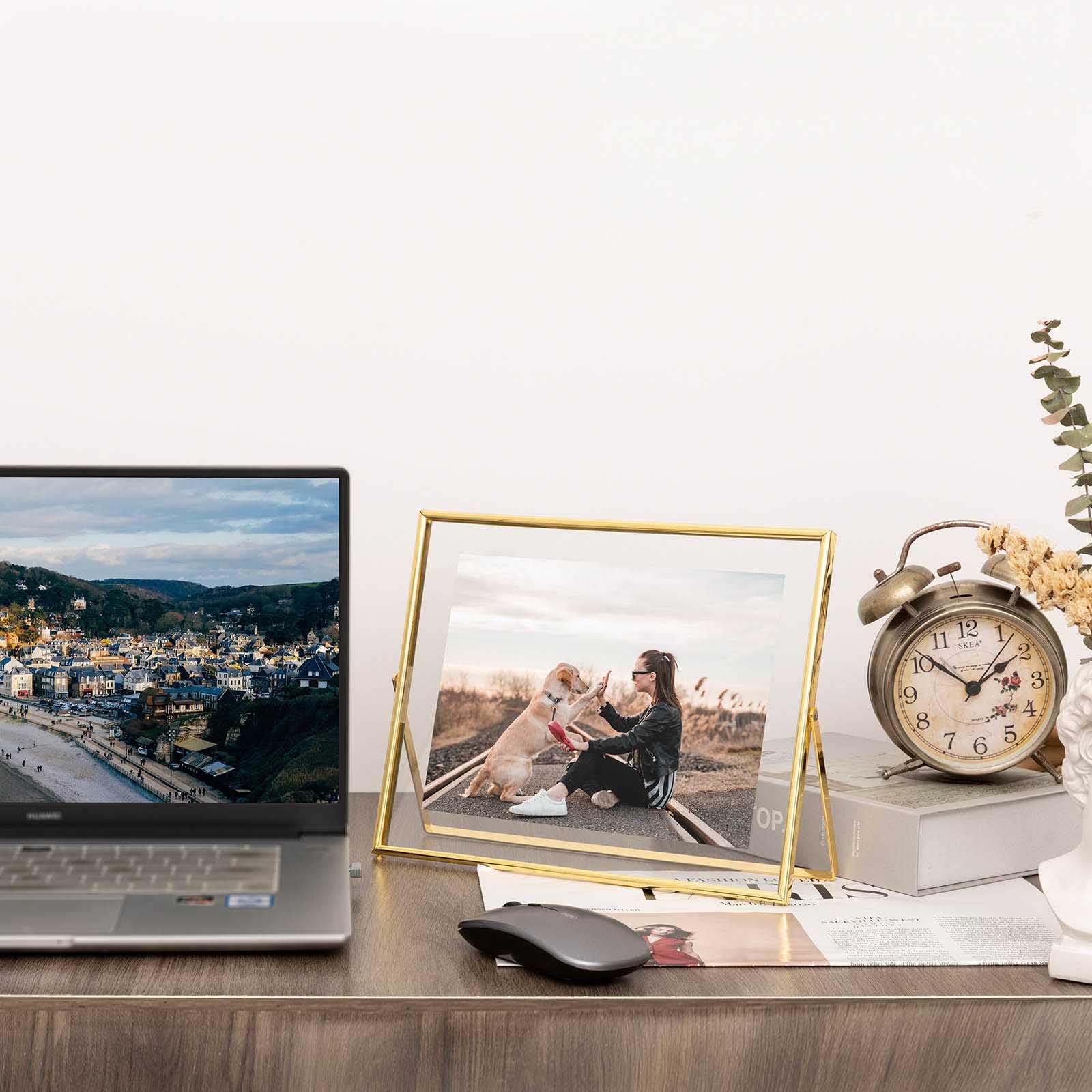 Qiannhee 8x10 Floating Frame (Horizontal), Gold Picture Frame Hold 8x10in 6x8in 5x7in Photo for Tabletop Display, Gift Choice for Festival-Glass Metal Stand Frame (Gold, 2 Pack)