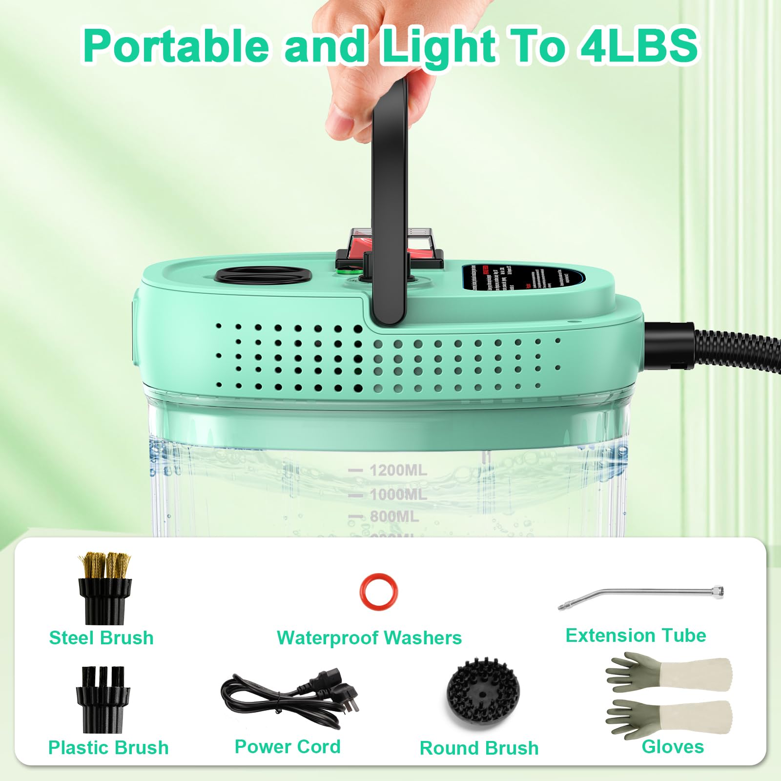 AUXCO Steam Cleaner, 1200ml High Pressure Steamer for Cleaning Handheld Steam Cleaner for Home,High-Temperature Steamer Cleaner for Car,Upholstery,Kitchen, Bathroom, Carpet,Grout and Tile(Mint)