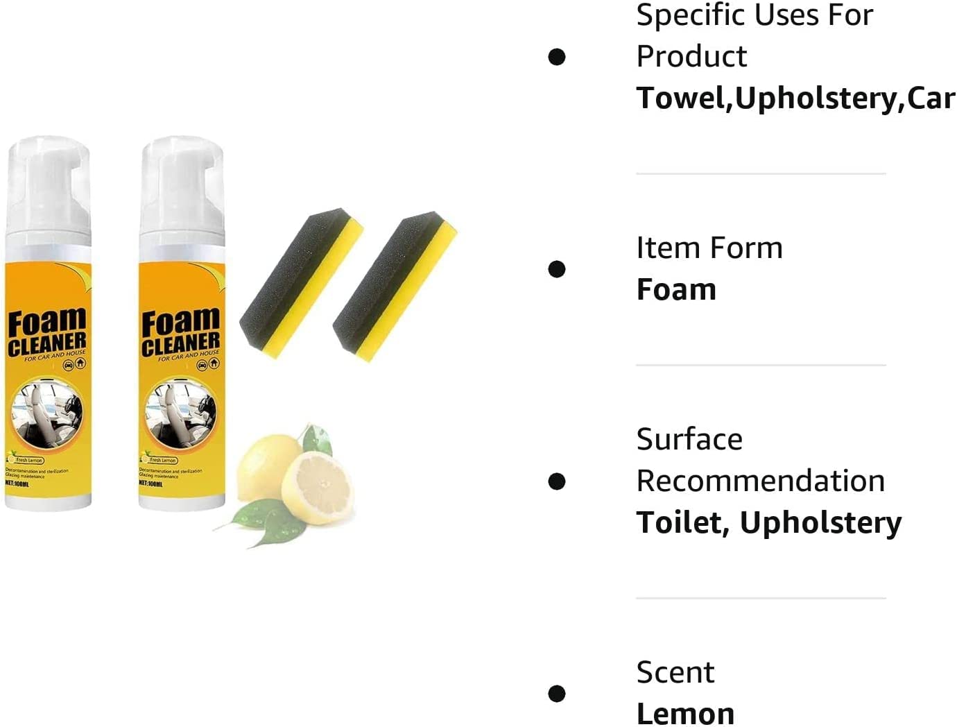 KUTDEP Dry Cleaning Ahent Multipurpose Foam Cleaner Spray,Lemon Flavor Multi-Purpose Foam Cleaner, Foam Cleaner for Car, Powerful Decontamination Set for Car and Home Kitchen (2pcs*100ML) + 2 Sponges