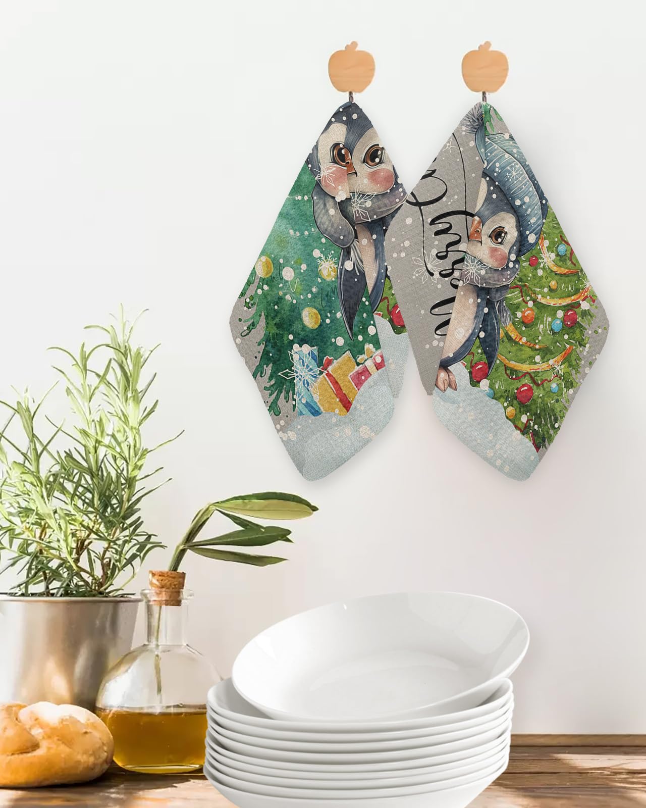 Onekaccu Christmas Dish Towels Set, Waffle Weave Kitchen Towels Microfiber Towels Cleaning Penguin Xmas Tree Snowflake Gray Painting Soft Absorbent Dish Drying Towels Hand Towels 2 Pack 12x12 in