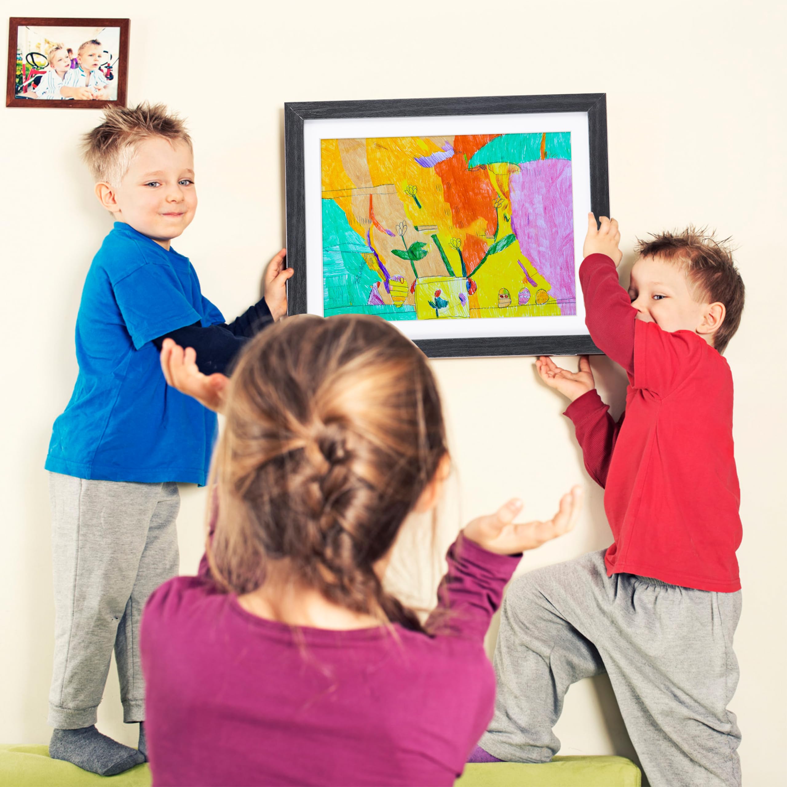 Giftgarden Black Kids Art Frame Changeable, Matted Display 8.5x11 Picture with Mat or 10x12.5 without Mat, Hinged Wood Frames for Children Artwork Projects Drawing Storage, Holds 150Pcs A4