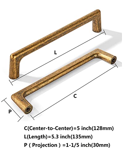khtumeware 6 Pack 5 Inch(128mm) Hole Centers Vintage Antique Brass Kitchen Cabinet Pulls, Aged Brass Drawer Pulls Kitchen Cabinet Hardware for Cupboard Drawer Handles Dresser Retro Pulls