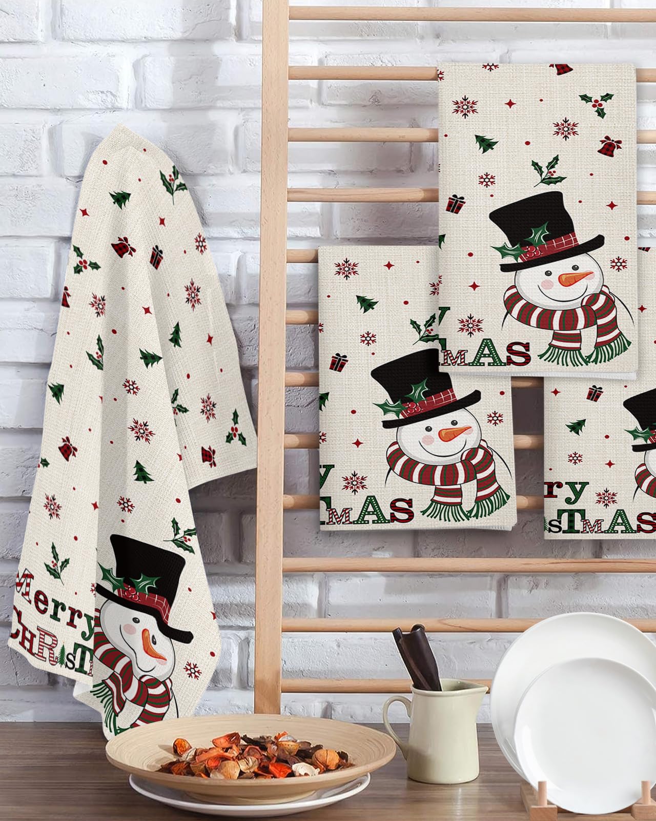 Onekaccu Farmhouse Christmas Dish Towels Set, Waffle Weave Kitchen Towels Microfiber Towels Cleaning Merry Xmas Snowman Soft Absorbent Dish Drying Towels Hand Towels 4 Pack 15.7x23.6 in