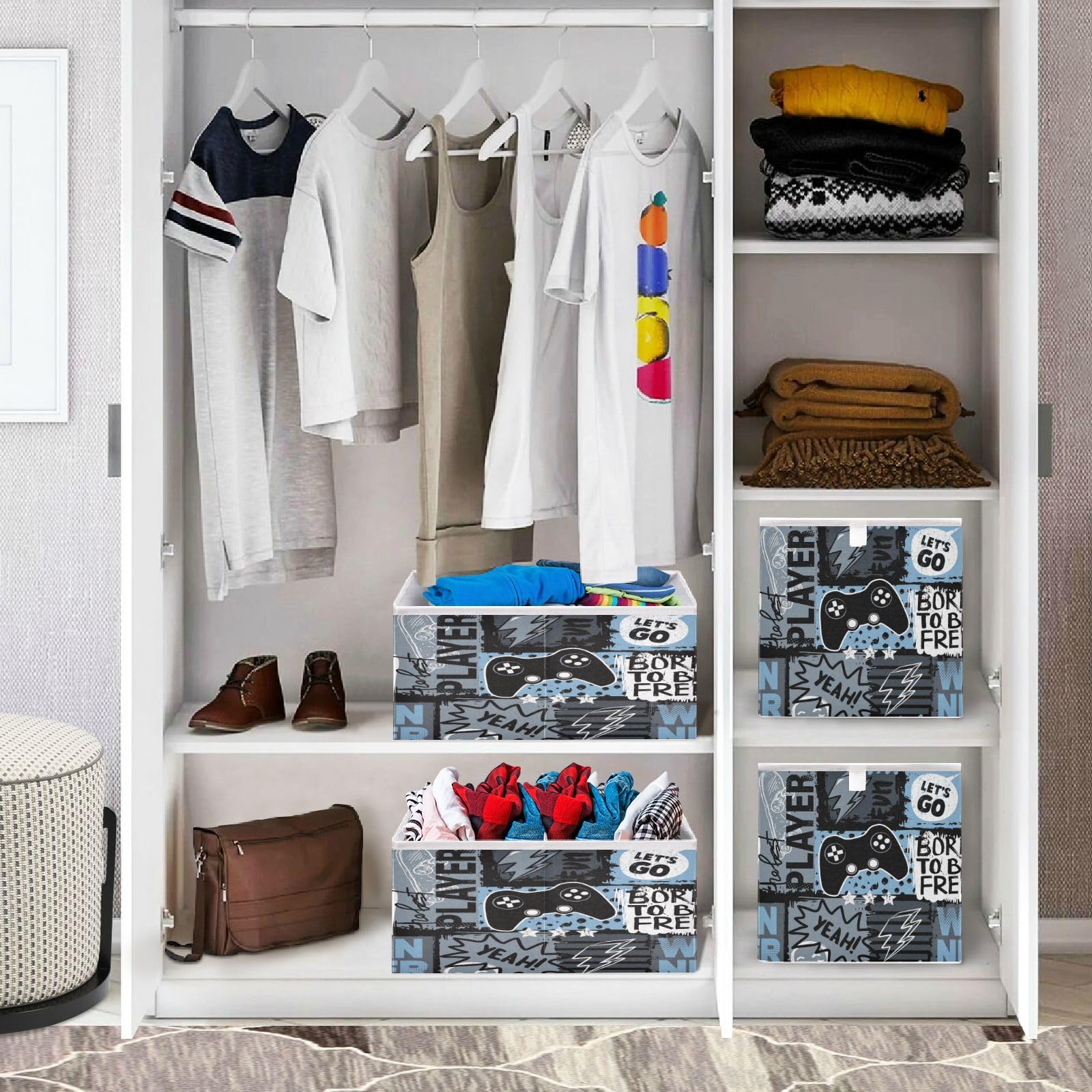 QUGRL Urban Game Joystick Storage Bins Organizer Video Games Foldable Clothes Storage Basket Box for Shelves Closet Cabinet Office Dorm Bedroom 15.75 x 10.63 x 6.96 in