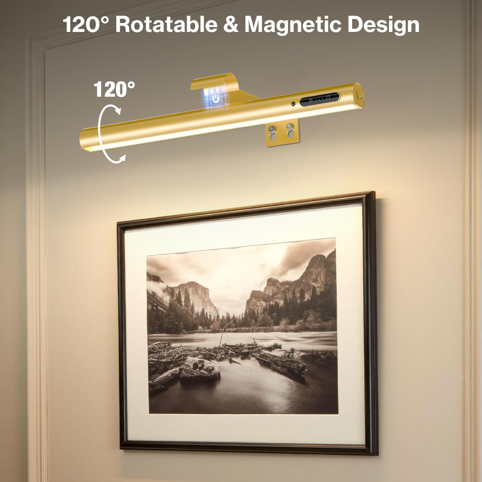 Olafus Picture Light Battery Operated with Remote, Rechargeable Wireless Wall Light, 3 Color Temperatures, Infinite Dimming and Timer, Cordless Art Frame Lighting, Gallery Painting Display Lamp Gold