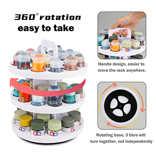 SANFURNEY 3-Tier Spinning Paint Organizer Rack for 48 Bottles, Rotating Tower Craft Paint Storage Holder Stand, Compatible with Citadel Paints