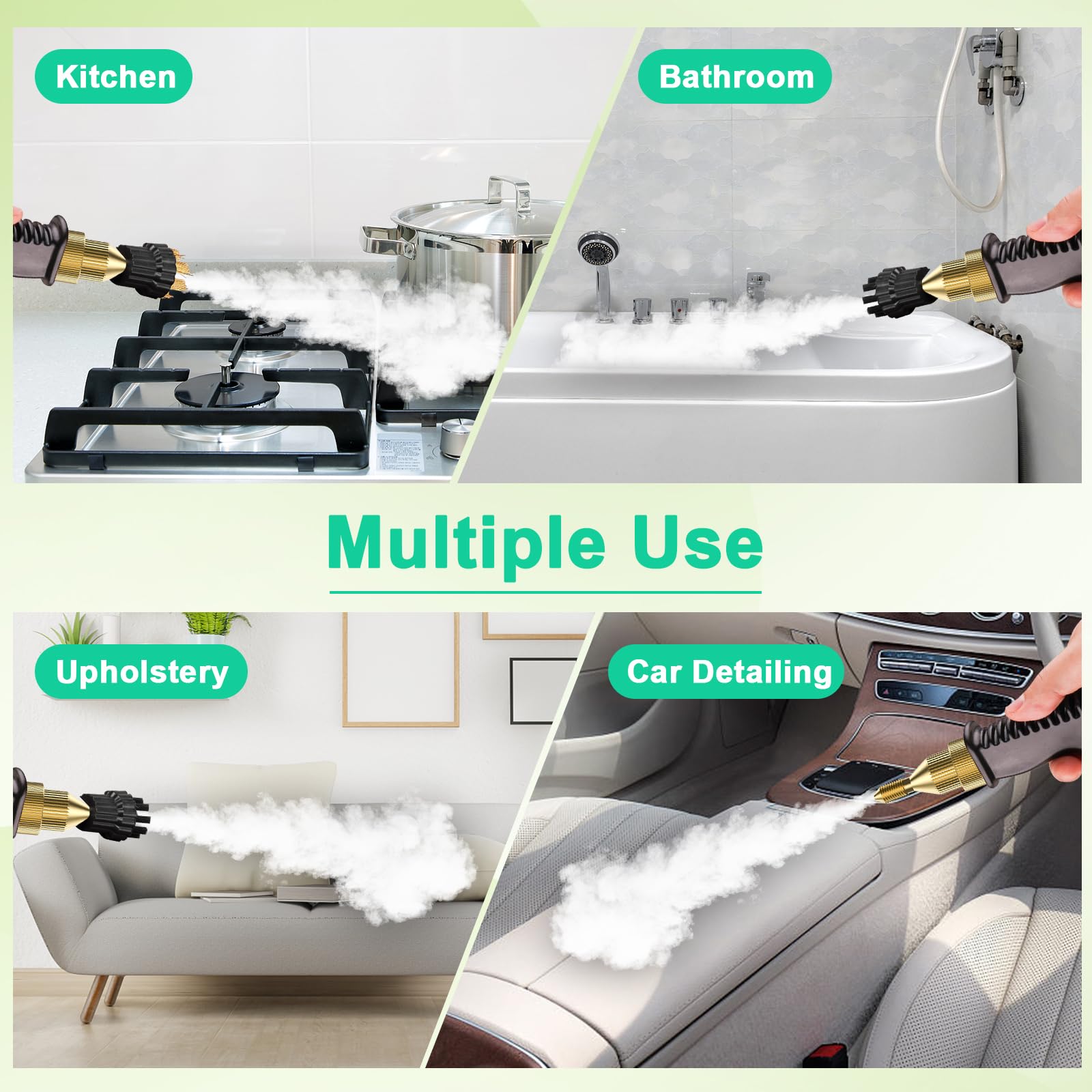 AUXCO Steam Cleaner, 1200ml High Pressure Steamer for Cleaning Handheld Steam Cleaner for Home,High-Temperature Steamer Cleaner for Car,Upholstery,Kitchen, Bathroom, Carpet,Grout and Tile(Mint)