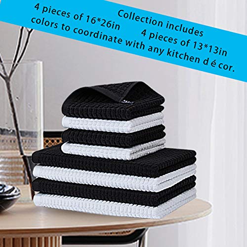 13.5 x 13.5 Inches and 16 x 28 Inches, Set of 8Pack Kitchen Dish Towels,Cotton Dish Cloths, Absorbent and Quick Drying Anti Odor,Kitchen Cooking and Cleaning Kitchenware Washing,Drying Dishes (Black)