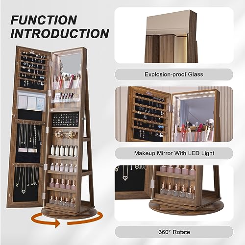 HNEBC LED Light Jewelry Organizer Mirror 360°Rotating, Armoire with Door Mirror, Full Length Cabinet Storage, Large Boxes & Organizers（A Light Brown）
