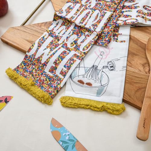 TARAN LIVING Printed Kitchen Dish Bar and Tea Towels Cotton, 18x28 inch with Trims, Cotton Dish Towel Sets (Yellow & White, Set of 2)