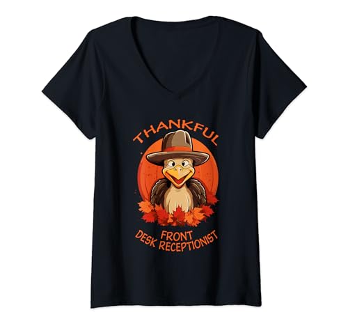 Front Desk Receptionist Funny Thanksgiving Turkey & Fall V-Neck T-Shirt