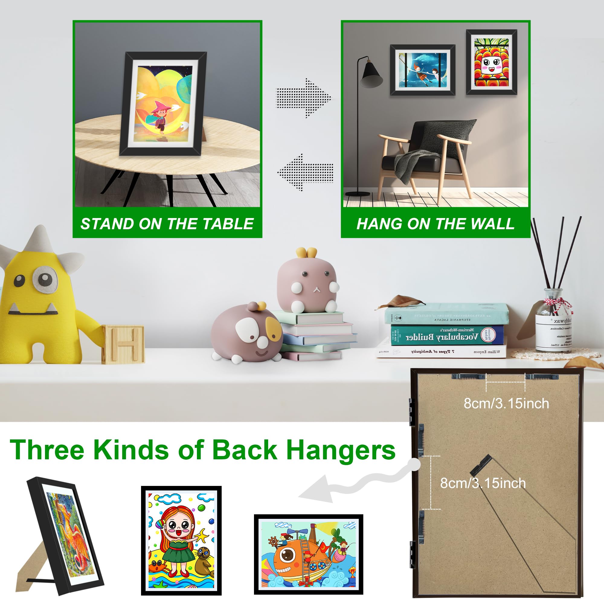 G4S3 2 Pack Kids Art Frame, 8.5x11 Front Opening Kids Artwork Frames Changeable, Chind Artwork Display Storage Frame for 3D Picture Crafts, Children Drawing Hanging Art, Holds 50-100 Pcs, Black