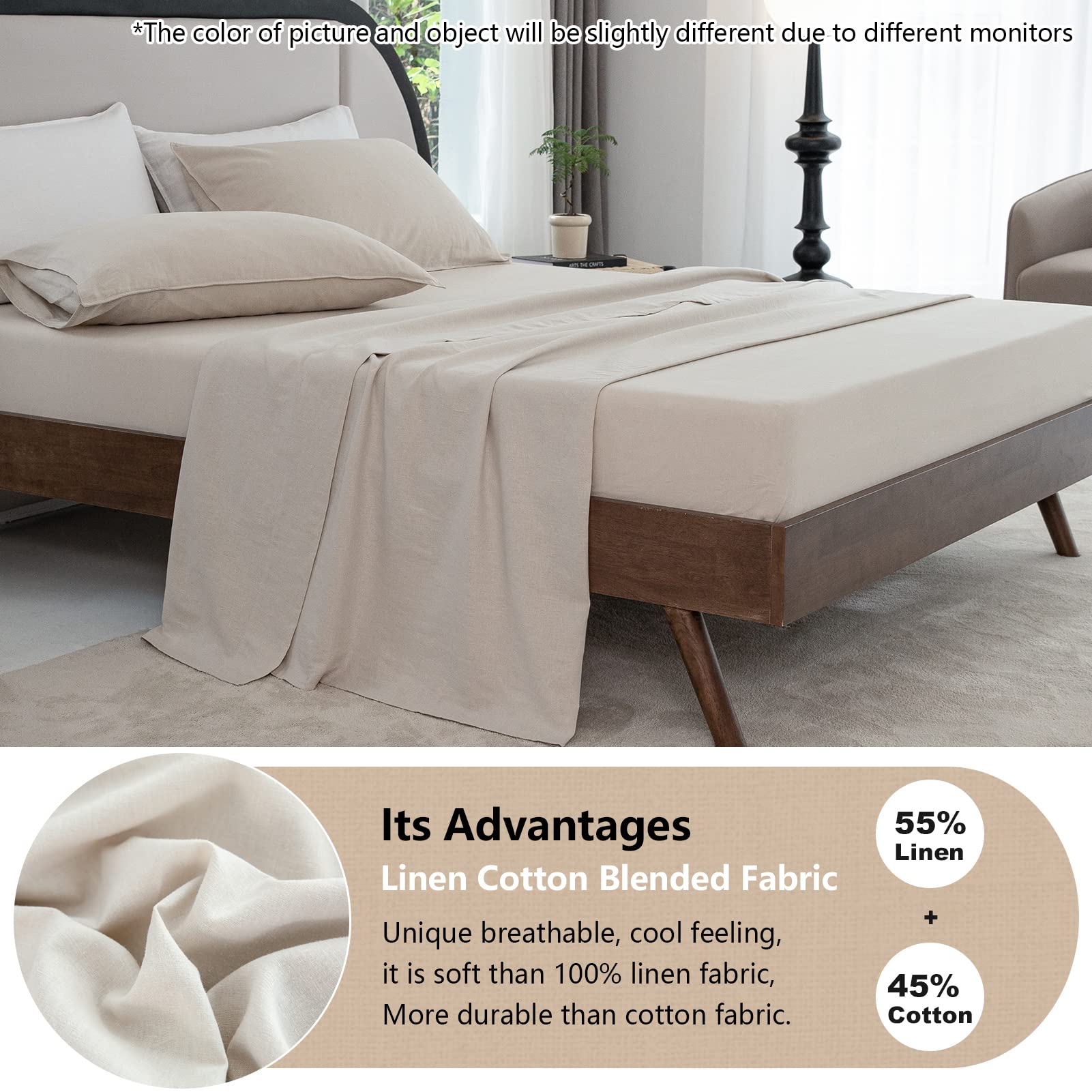 Talasily Linen Sheets Queen Linen Bed Sheet, 4 Piece Breathable Linen Cotton Sheets Queen Size Set, Linen Cotton Blend Sheets for All Seasons- Deep Pockets, Easy-Fit, (Queen, Beige)