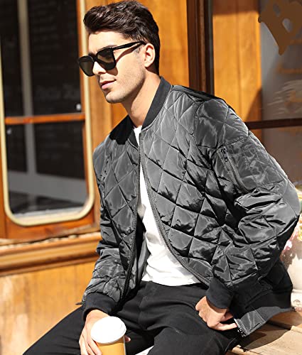Pretifeel Mens Bomber Jackets Diamond Quilted Fall Winter Rib Varsity Lightweight Coat