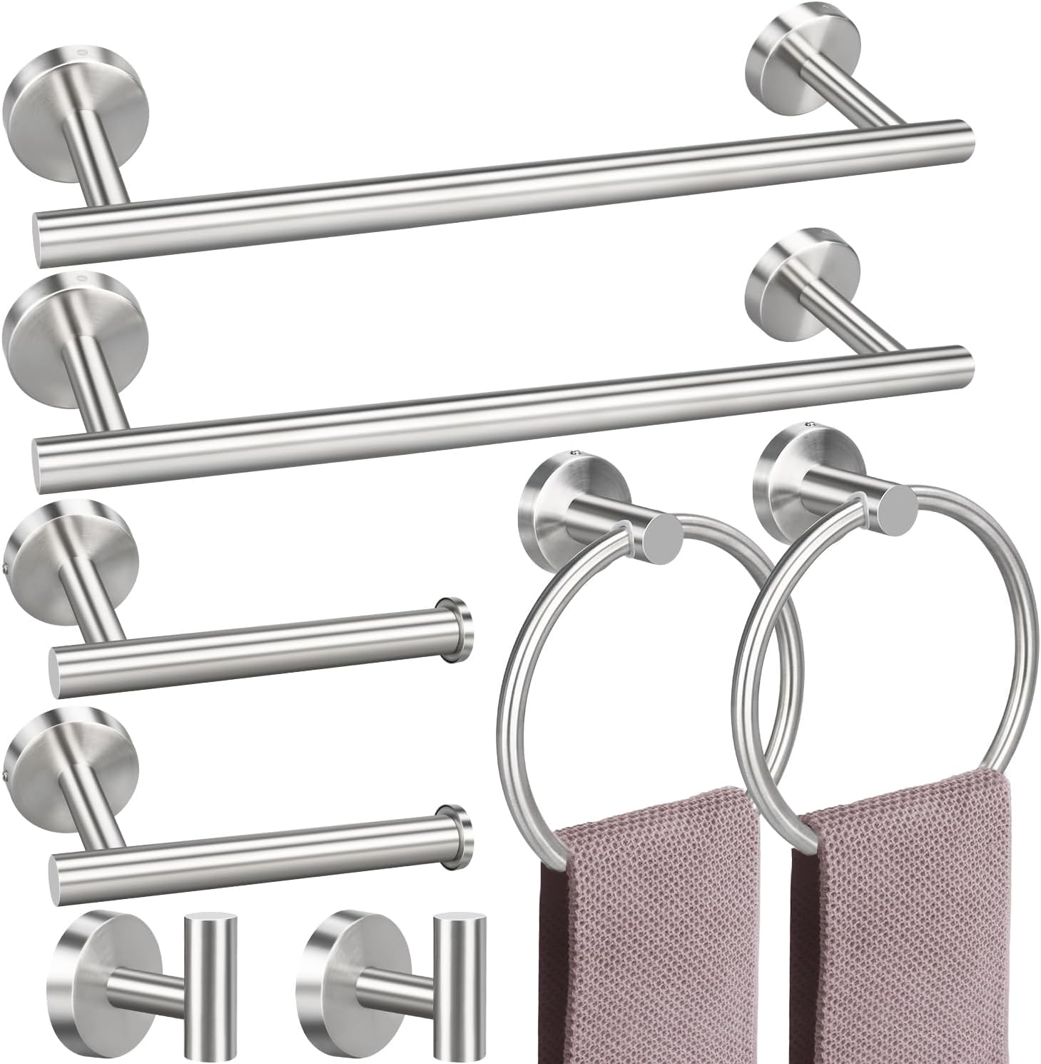 Toptowel Bathroom Towel Rack Set - 8 Pieces, Includes 2 Packs 23.6 inch Towel Bar, Hooks, Rings, Toilet Paper Holder - Brushed Nickel