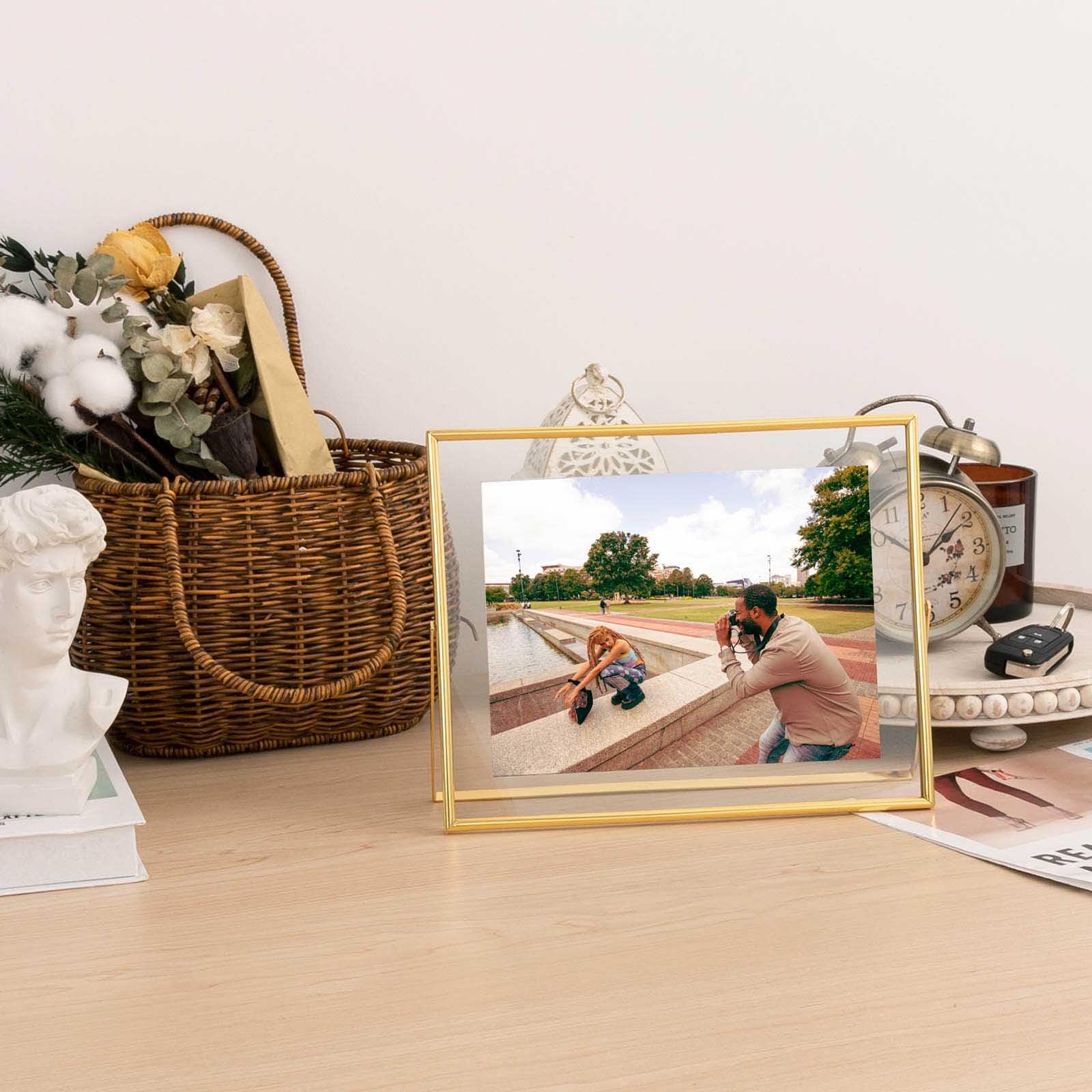 Qiannhee 8x10 Floating Frame (Horizontal), Gold Picture Frame Hold 8x10in 6x8in 5x7in Photo for Tabletop Display, Gift Choice for Festival-Glass Metal Stand Frame (Gold, 2 Pack)