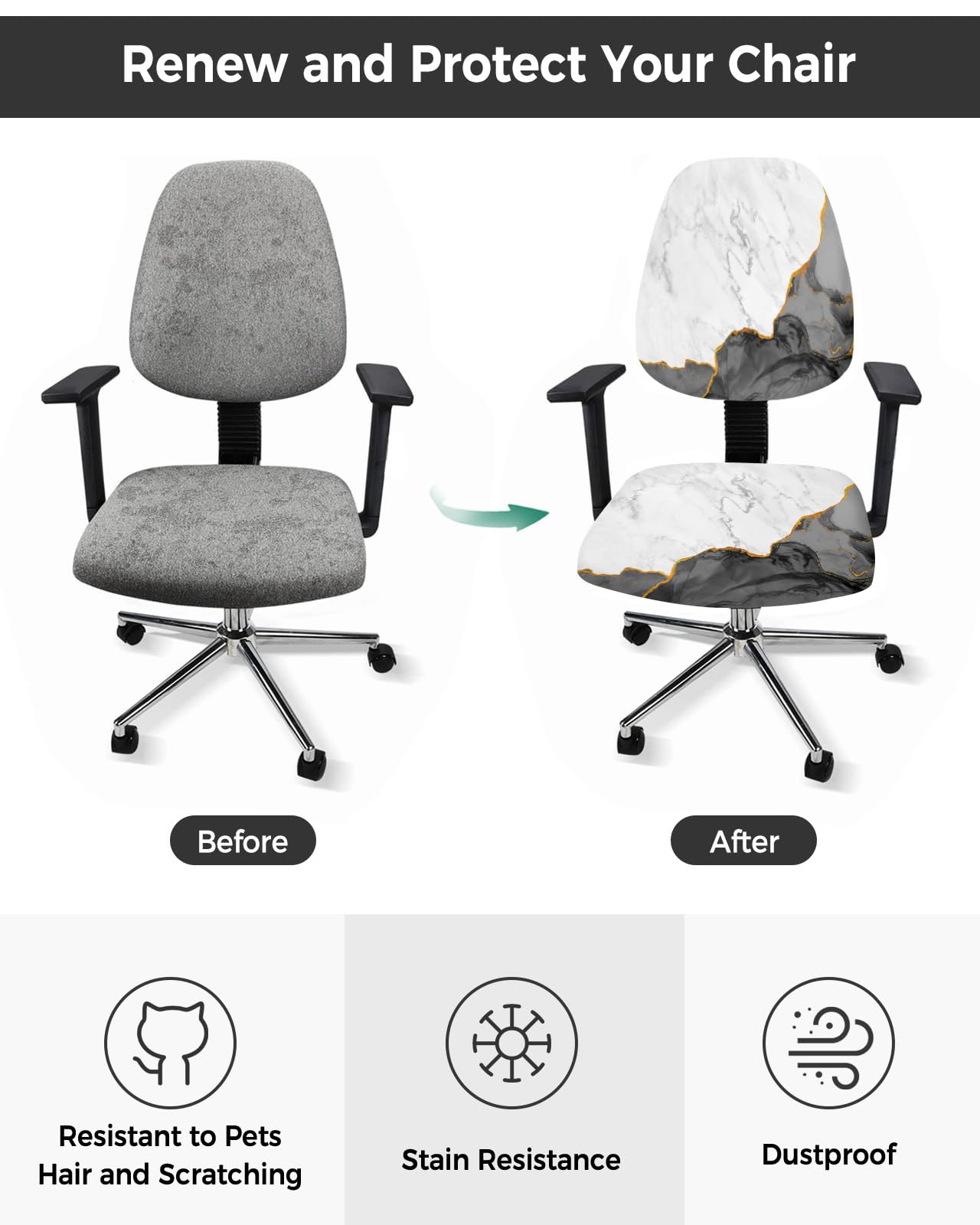 Marble Black Grey 2 Pieces Computer Office Chair Covers Set, Stretchable Desk Rotating Chair Seat Cushion Slipcover Back Covers, Decorative Protectors Cover Minimalist Abstract Gold Modern Art