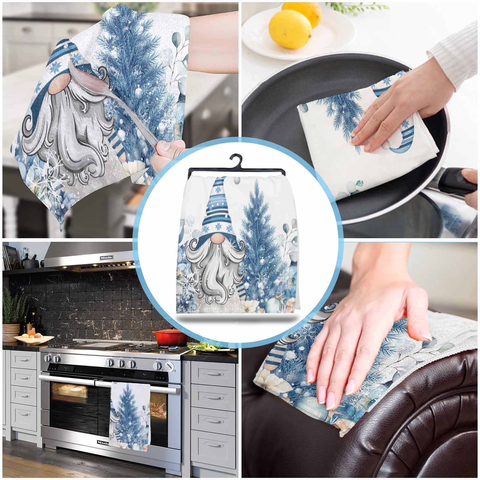 Eucalyptus Leaves Kitchen Towels,Absorbent Microfiber Kitchen Dish Hand Tea Bath Towel,Quick Dry Cleaning Cloth Dishclothes Decorative Sets, Christmas Berries Flower Pinecones Gnomes (1-PC, 18x28)