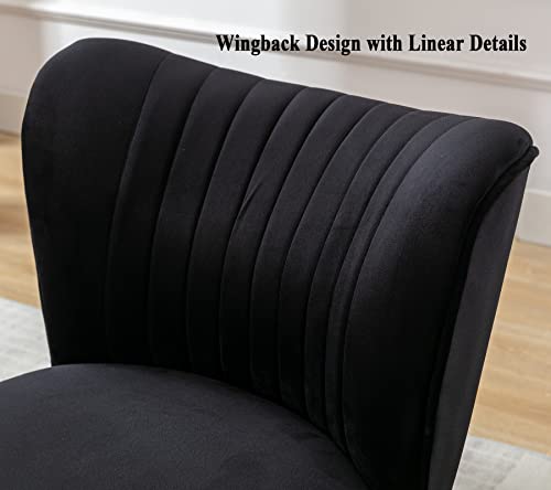 DUOMAY Modern Accent Chair Set of 2 Velvet Slipper Chair with Gold Legs Wingback Side Chair for Living Room Bedroom Entryway Small Corner Chair for Space Saving, Black