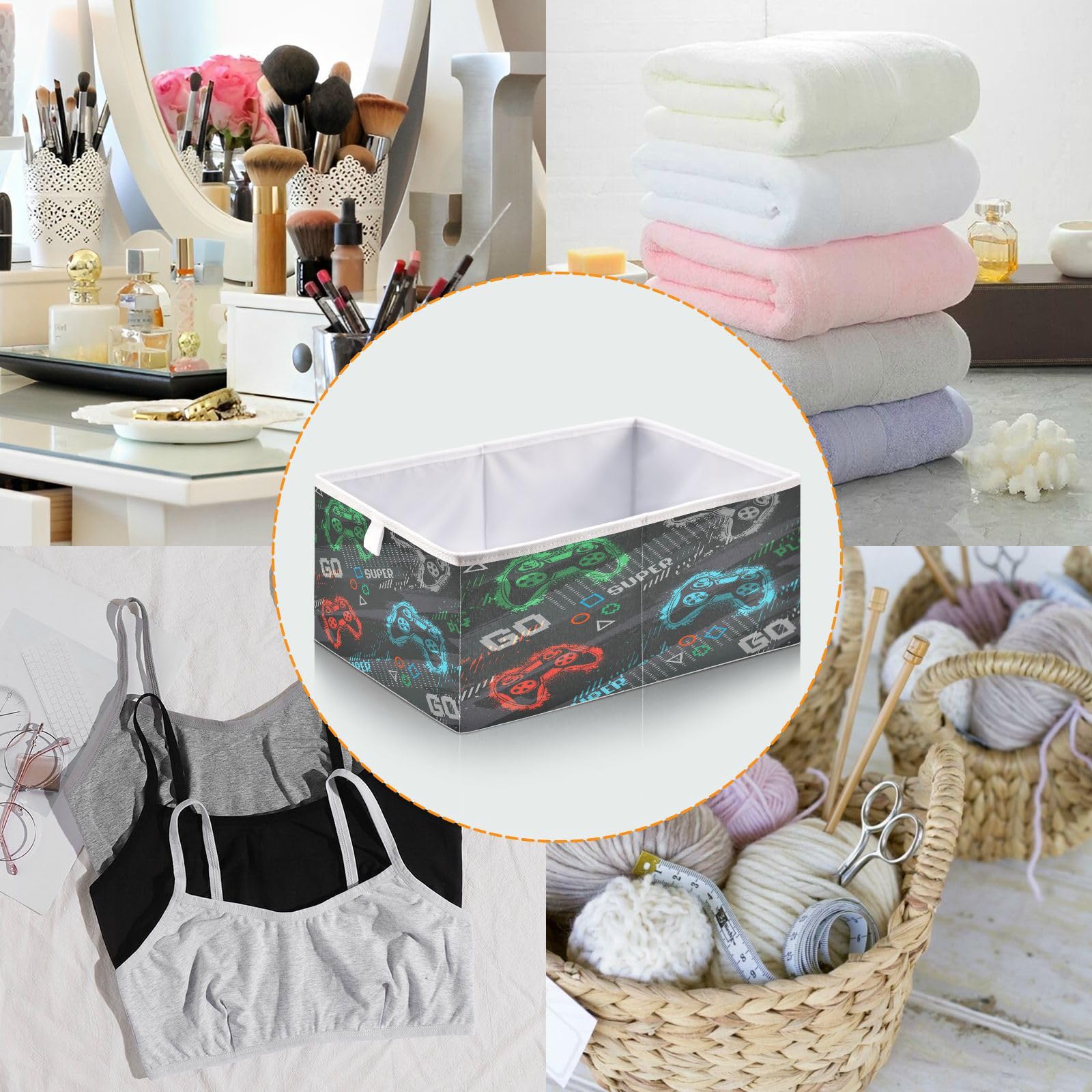 QUGRL Grunge Gamepad Storage Bins Organizer Video Joystick Foldable Clothes Storage Basket Box for Shelves Closet Cabinet Office Dorm Bedroom 15.75 x 10.63 x 6.96 in