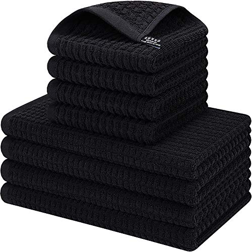 13.5 x 13.5 Inches and 16 x 28 Inches, Set of 8Pack Kitchen Dish Towels,Cotton Dish Cloths, Absorbent and Quick Drying Anti Odor,Kitchen Cooking and Cleaning Kitchenware Washing,Drying Dishes (Black)