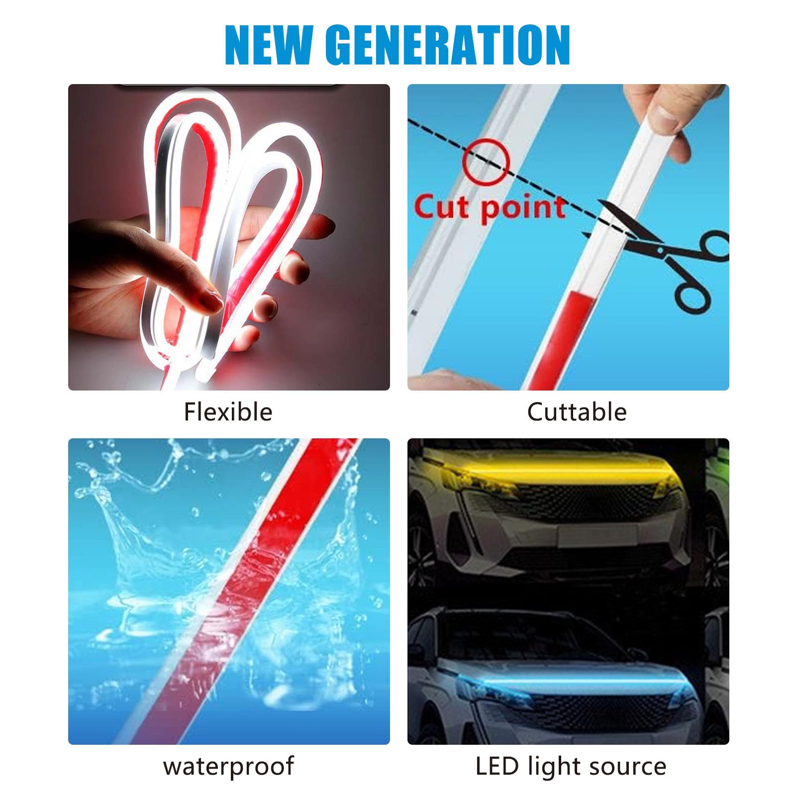ZKFAR 1 PC Dynamic Scanning Starting Engine Flow Lamp, Dual Color Yellow Ice Blue LED Head Runs Through Light, Steering Function Daytime Running, 12V 4.9Ft, Suitable for Most Cars (Blue & Yellow)