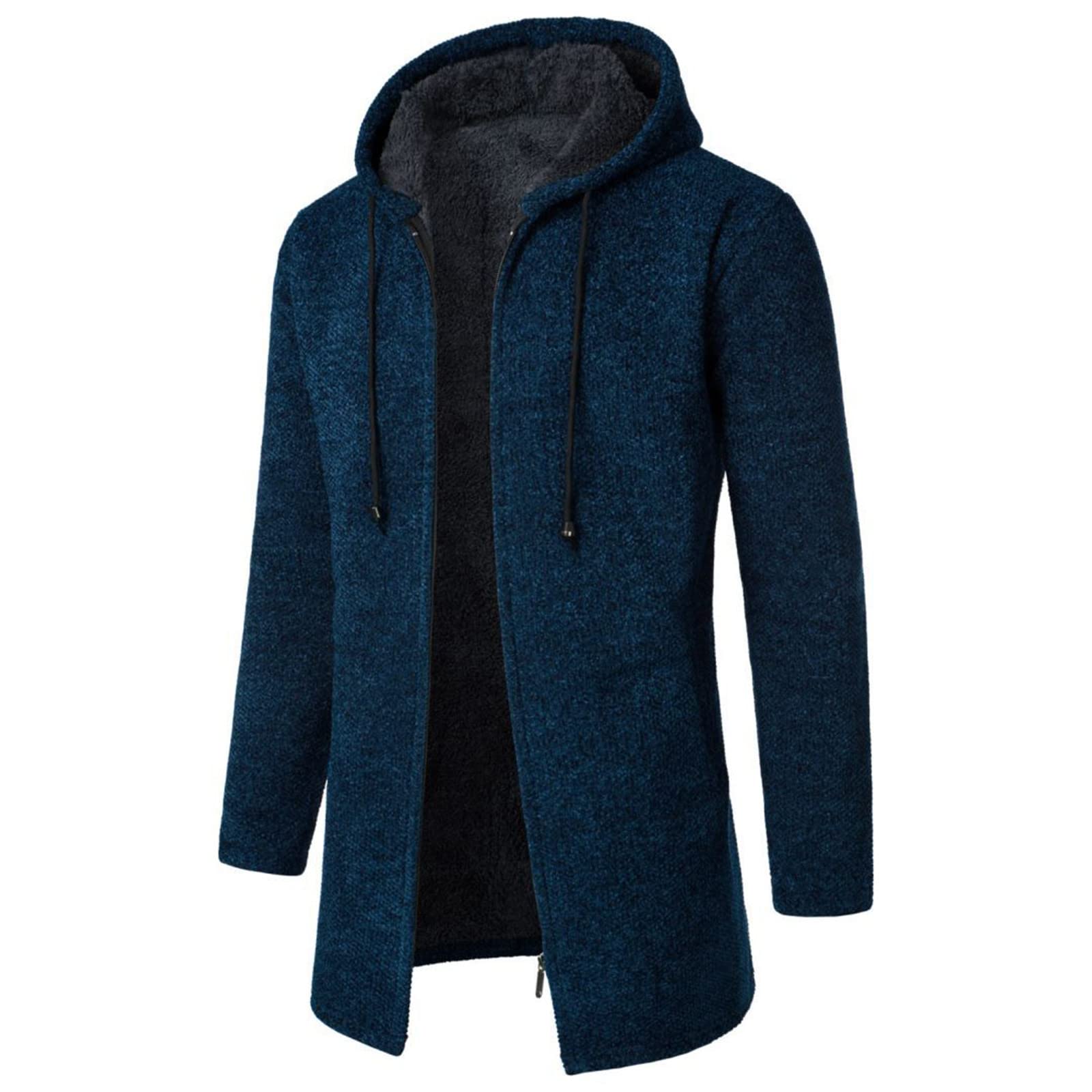 Crewneck Sweater, Men Sweater Mens Pullover Carlton Christmas Sweater Men's Medium Long Coat Hooded Plush Plaid Knitting Drawstring Coat Sweater Warm Solid Color Jackets Tops (XXL, Navy)