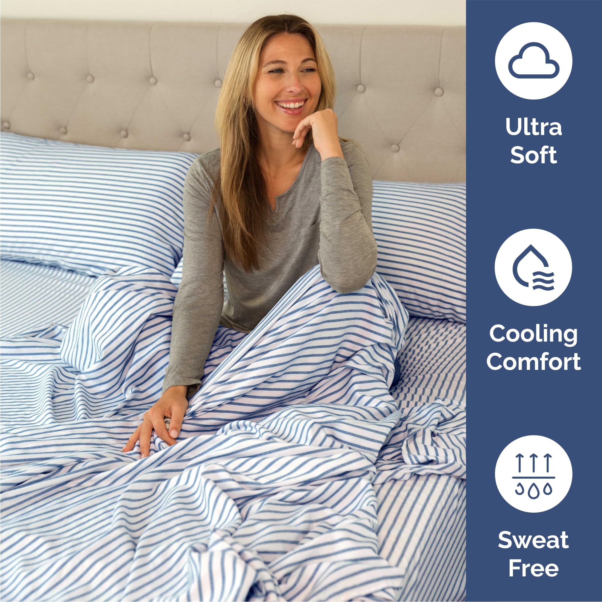 Queen Size 4 Piece Sheet Set - Breathable & Cooling Sheets - Hotel Luxury Bed Sheets for Women, Men, Kids & Teens - Deep Pockets, Easy-Fit, Wrinkle Free Sheets - Blue Stripes Oeko-Tex Bed Sheet Set
