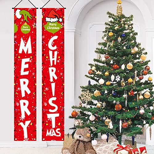 Grinch Christmas Decorations, Christmas Porch Banner christmas Decor for indoor and outdoor, Merry Grinchmas Banner Xmas Porch Door Sign Wall Hanging Christmas Party Decorations(red)