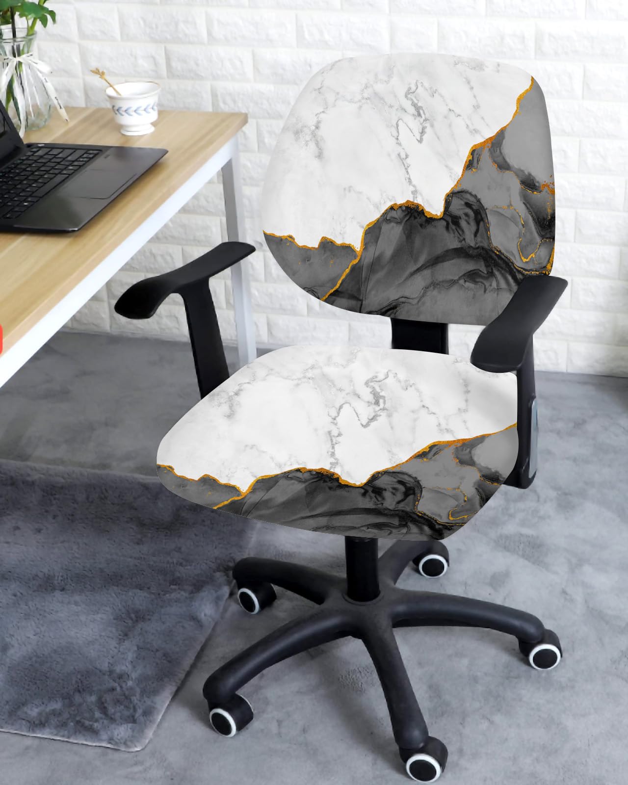 Marble Black Grey 2 Pieces Computer Office Chair Covers Set, Stretchable Desk Rotating Chair Seat Cushion Slipcover Back Covers, Decorative Protectors Cover Minimalist Abstract Gold Modern Art