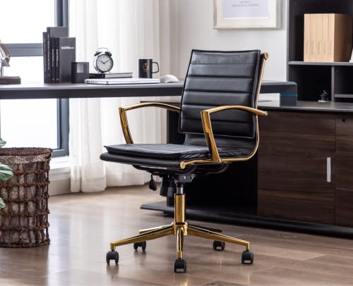EALSON Modern Leather Desk Chair Ergonomic Office Chair with Wheels and Arms Gold Base Comfortable Computer Task Chair Adjustable Swivel Executive Chair for Home Office, Black